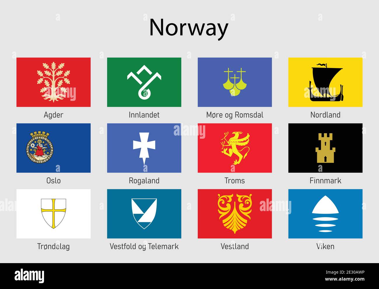 Set Flags of the provinces of Norway, All Norwegian regions flag ...