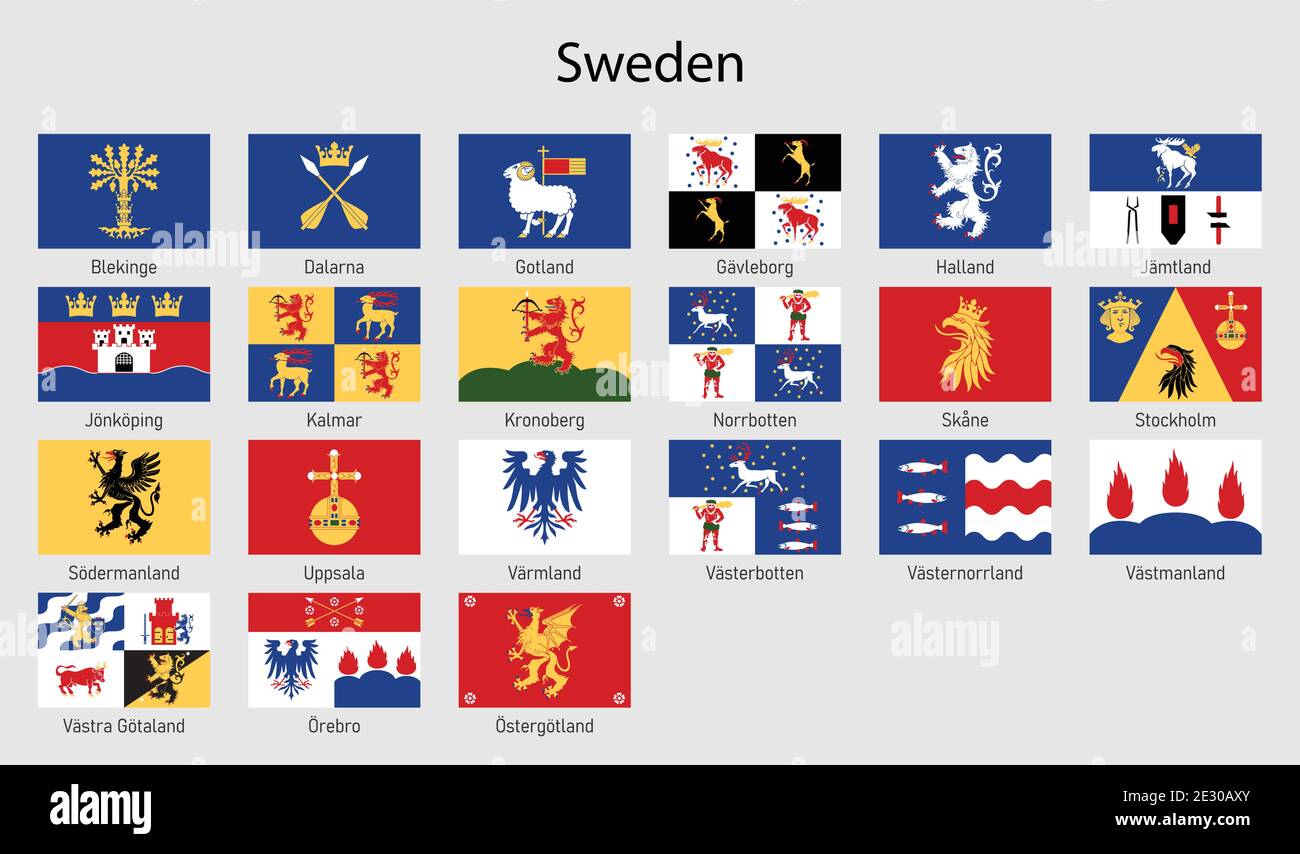Set Flags of the provinces of Sweden, All Swedish regions flag ...