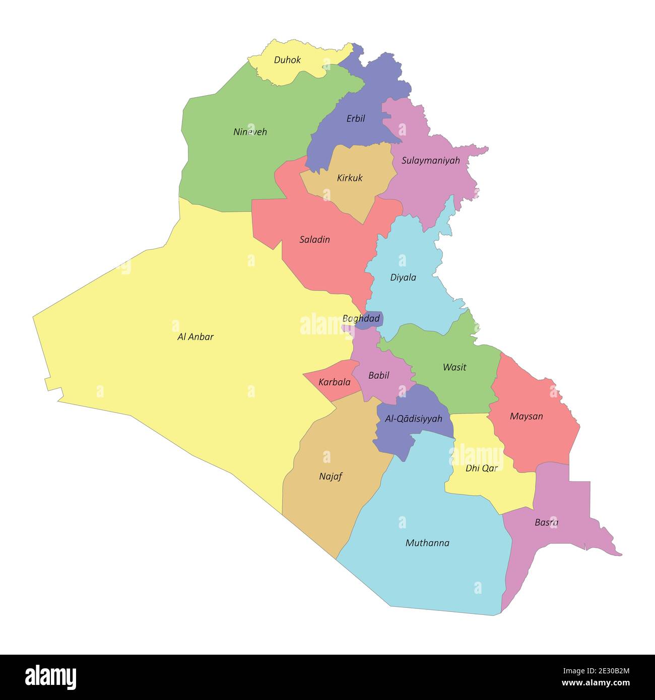 High quality colorful labeled map of Iraq with borders of the regions ...