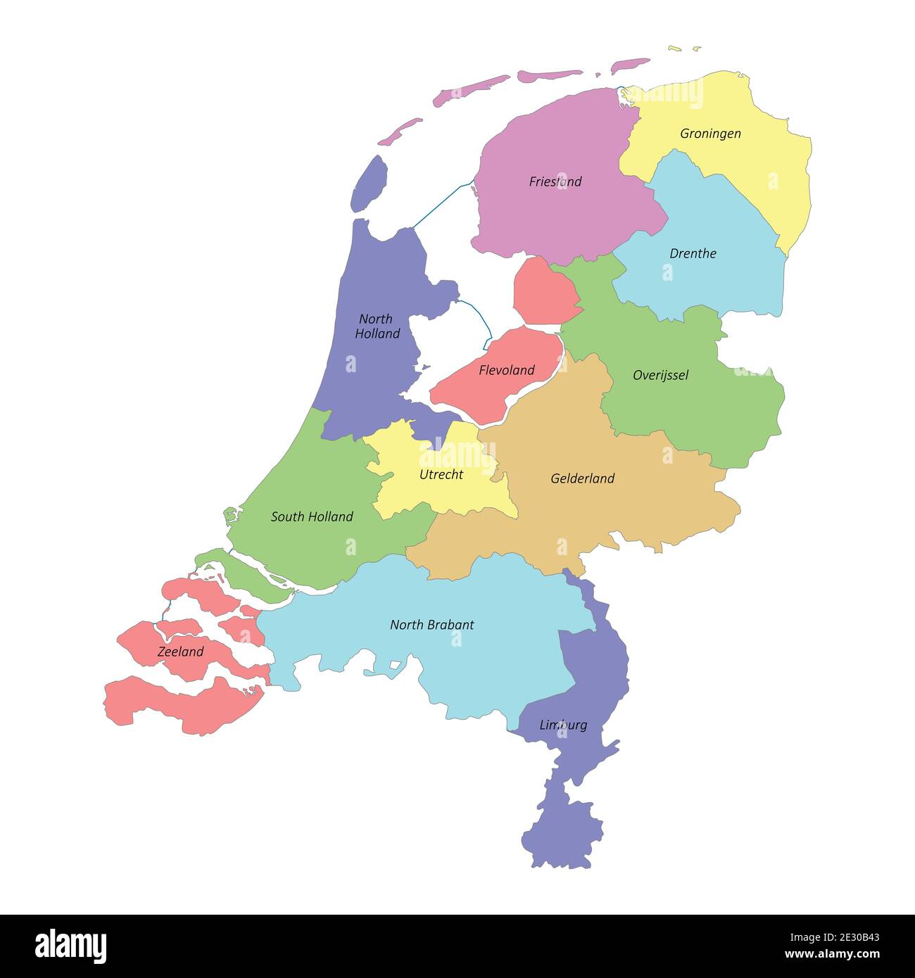High quality colorful labeled map of Netherlands with borders of the ...