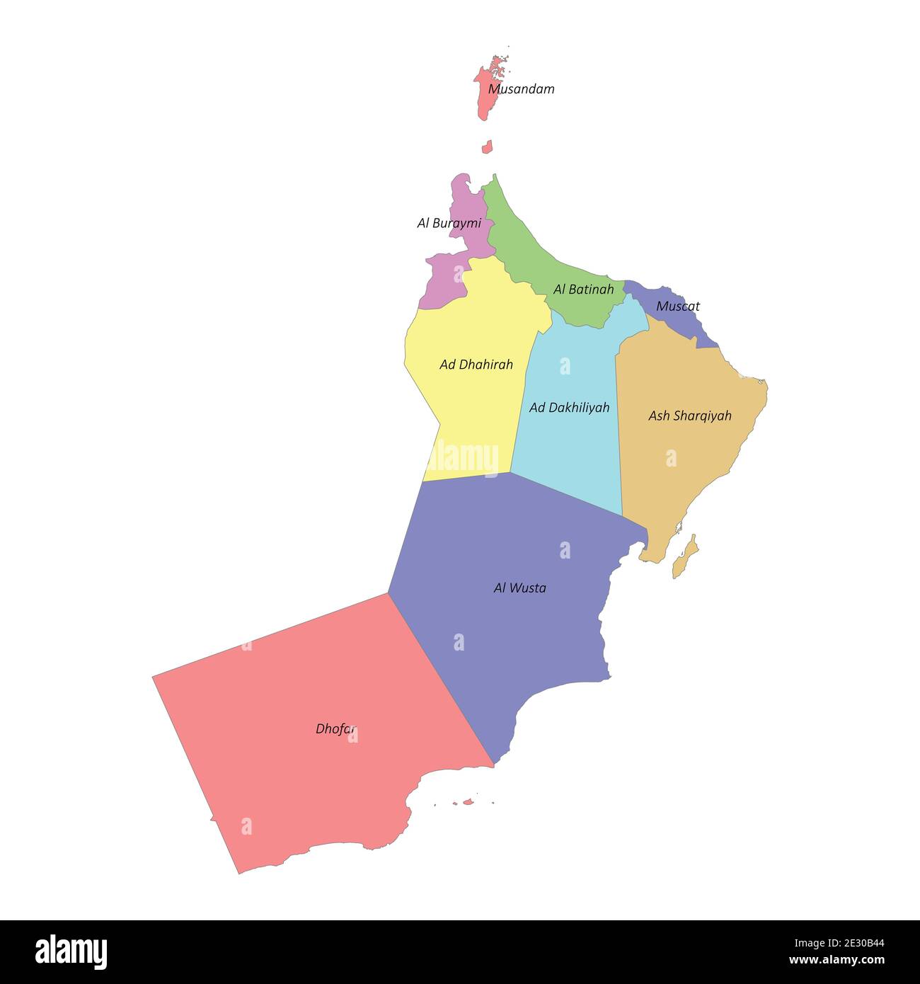 High quality colorful labeled map of Oman with borders of the regions ...