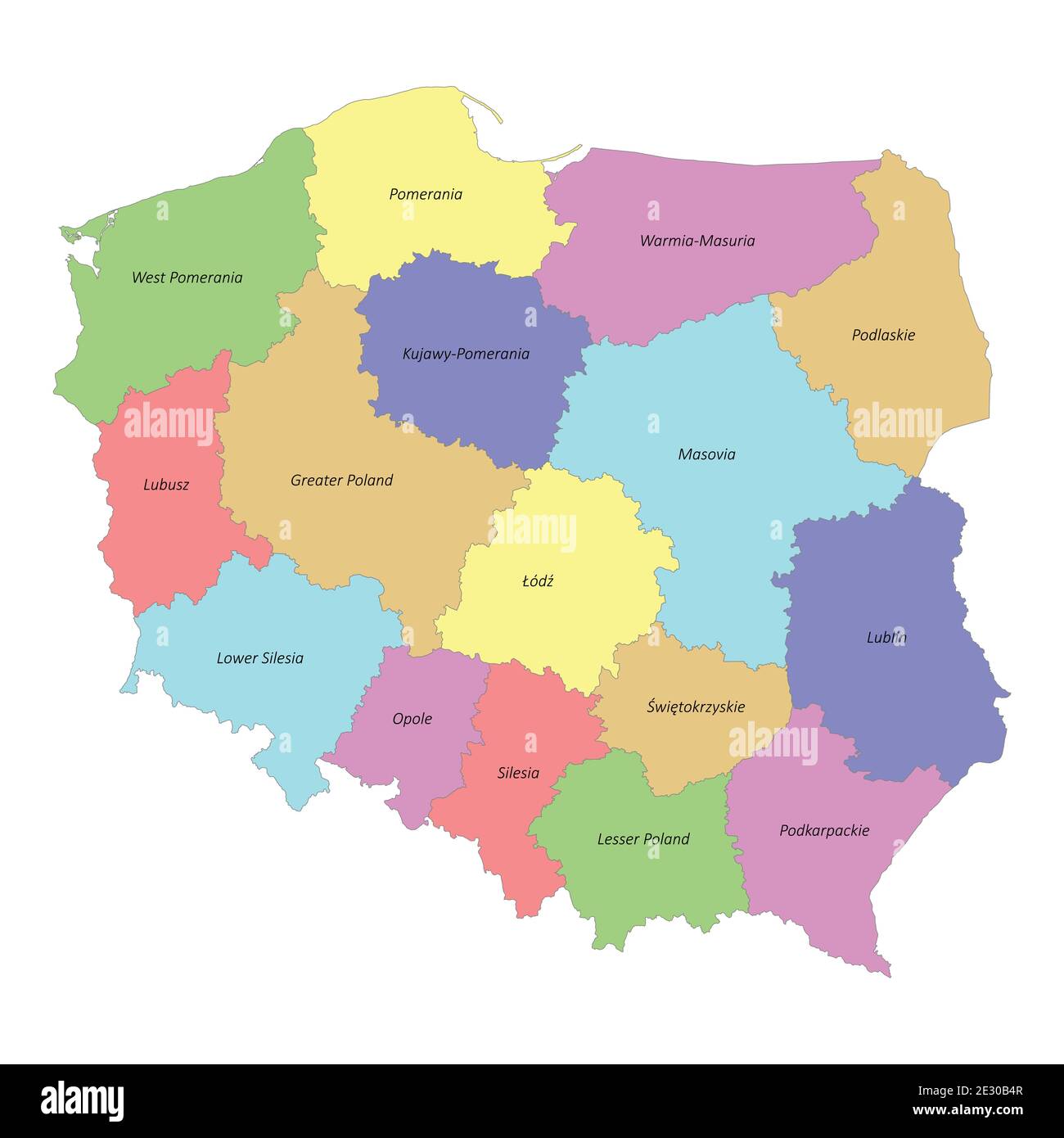 High quality colorful labeled map of Poland with borders of the regions ...