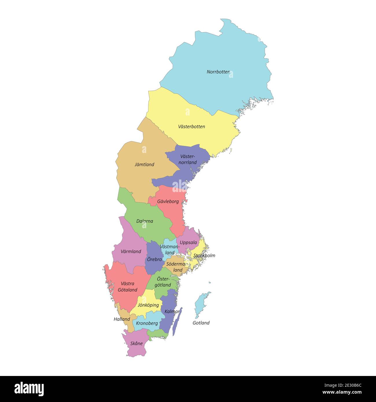 High quality colorful labeled map of Sweden with borders of the regions ...