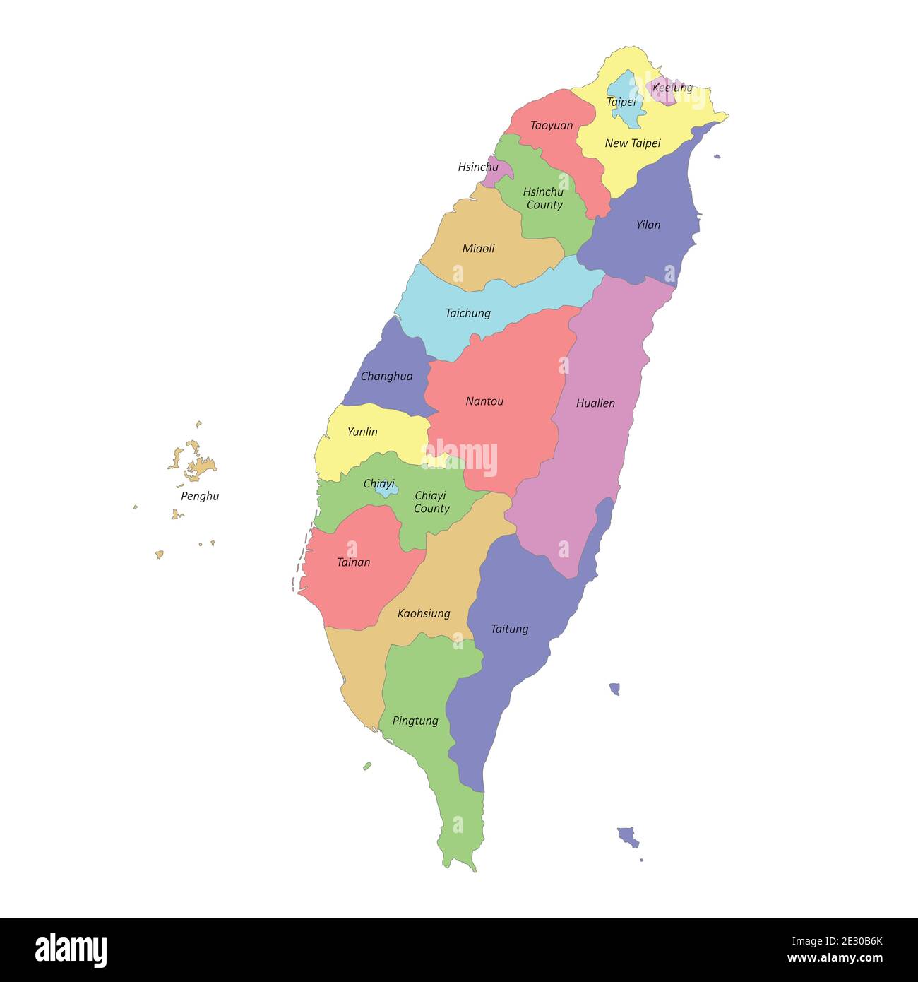 High quality colorful labeled map of Taiwan with borders of the regions ...