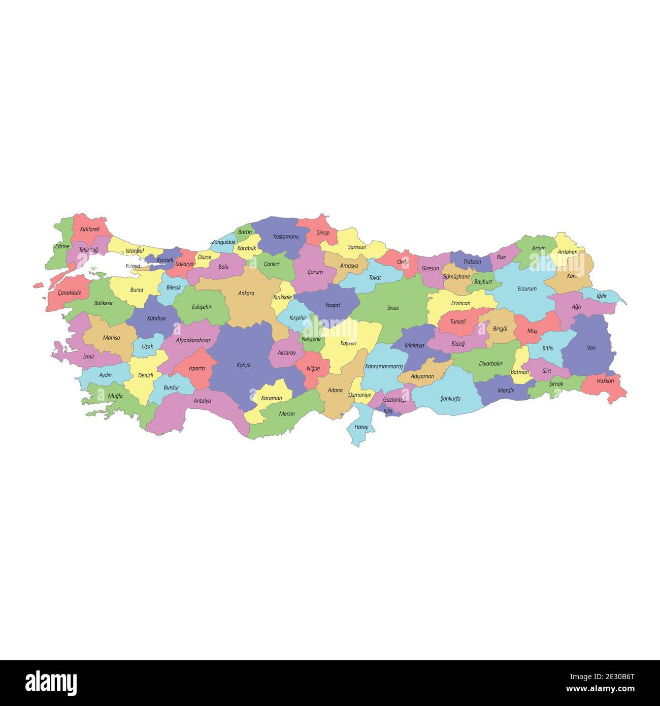 High quality colorful labeled map of Turkey with borders of the regions ...