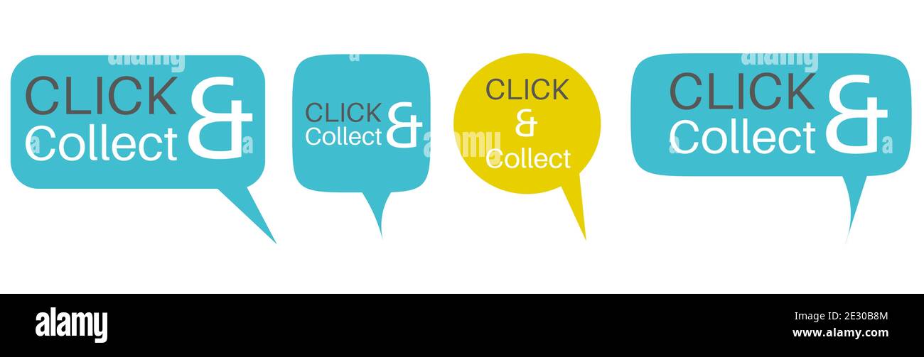 Click and Collect internet and online shopping icon shapes on a white ...