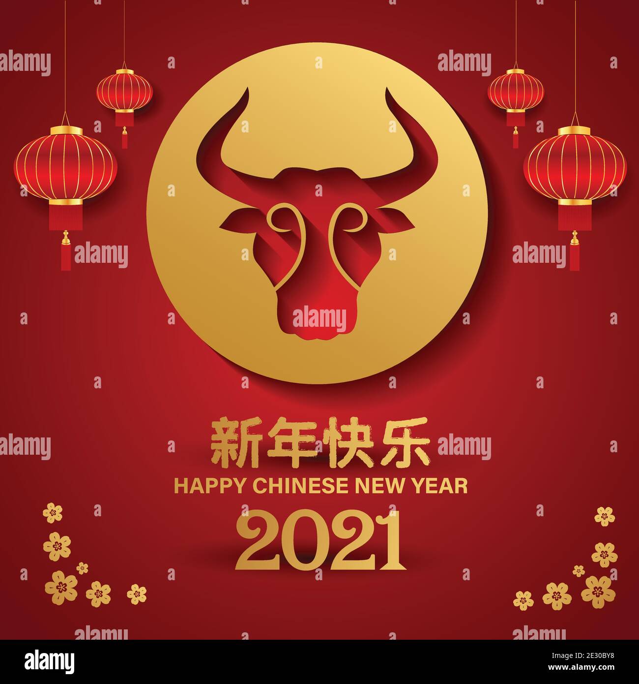 2021 Happy Chinese new year with Ox Zodiac sign and golden red ...