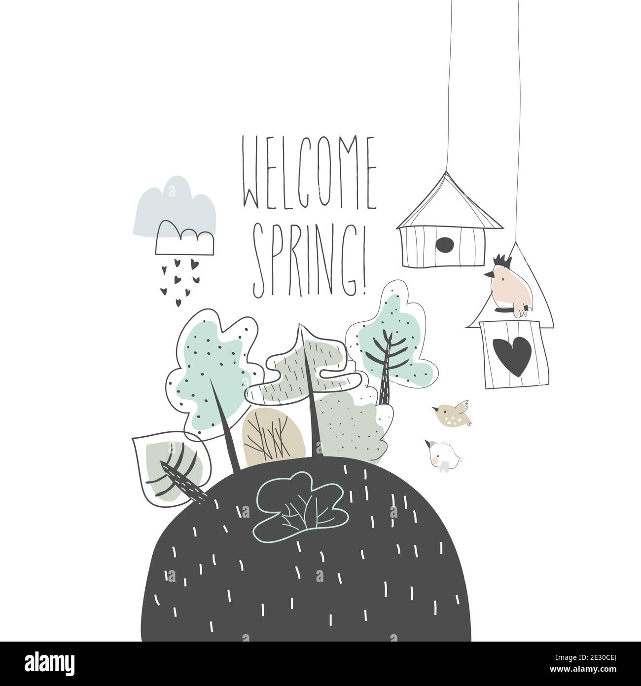 Cartoon spring landscape with tres and birdhouses Stock Vector Image ...