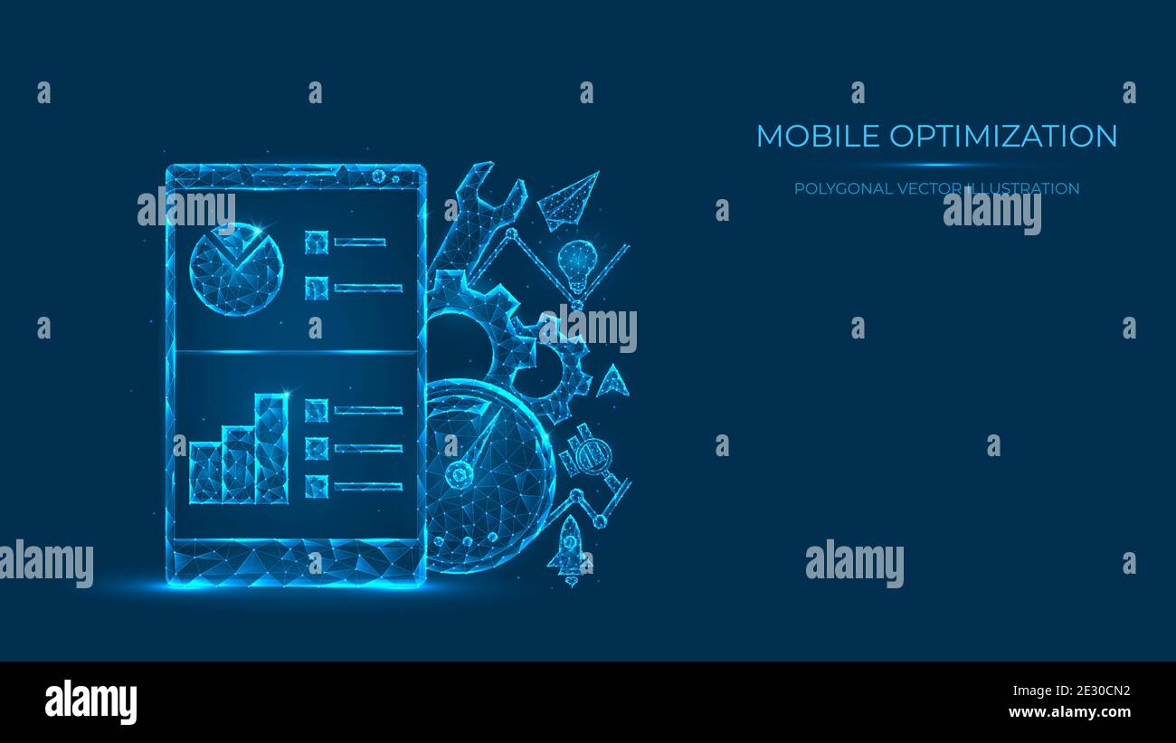 Abstract polygonal vector illustration of mobile optimization. Low poly ...