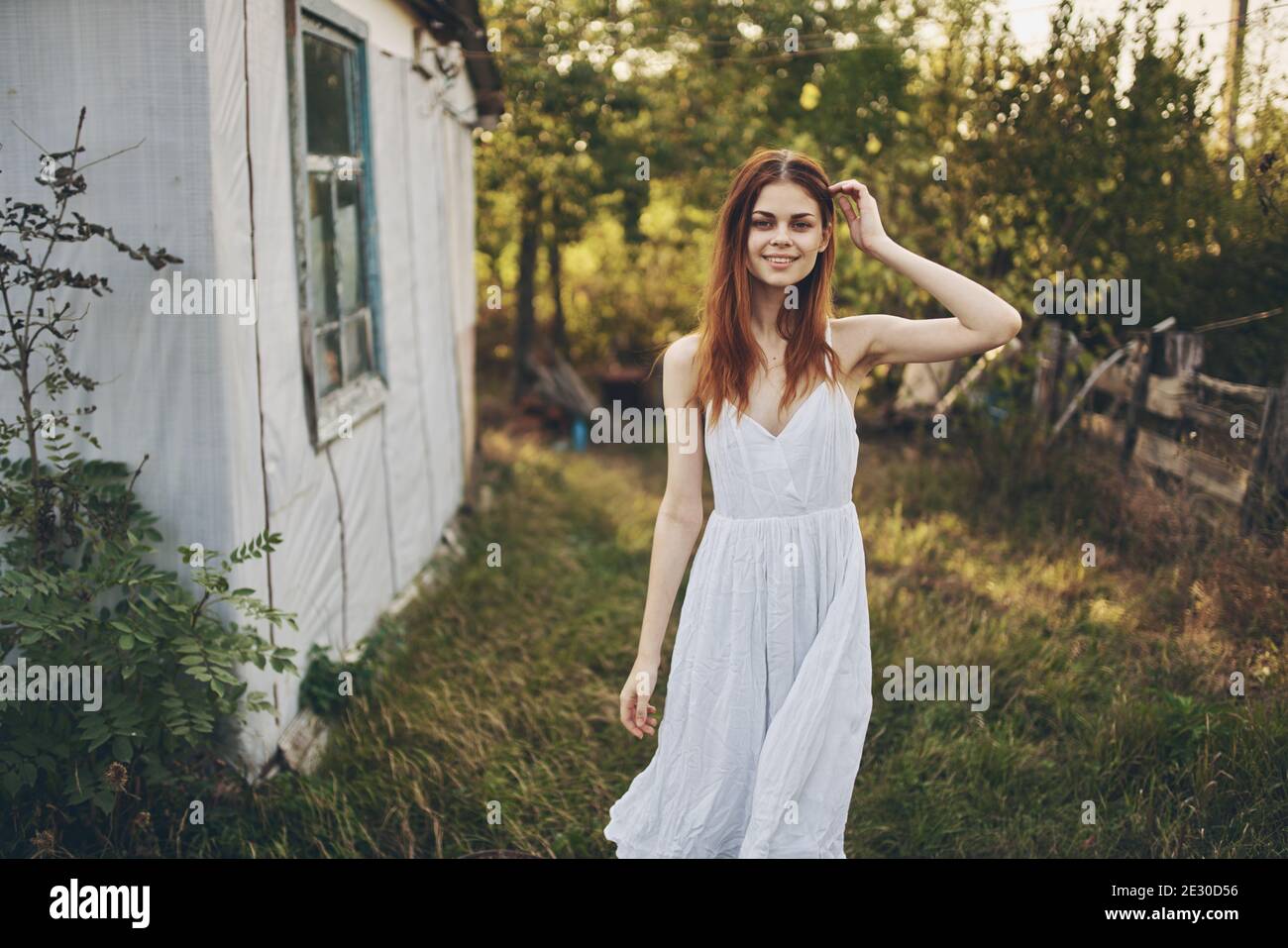 romantic woman in white dress countryside model landscape lifestyle ...