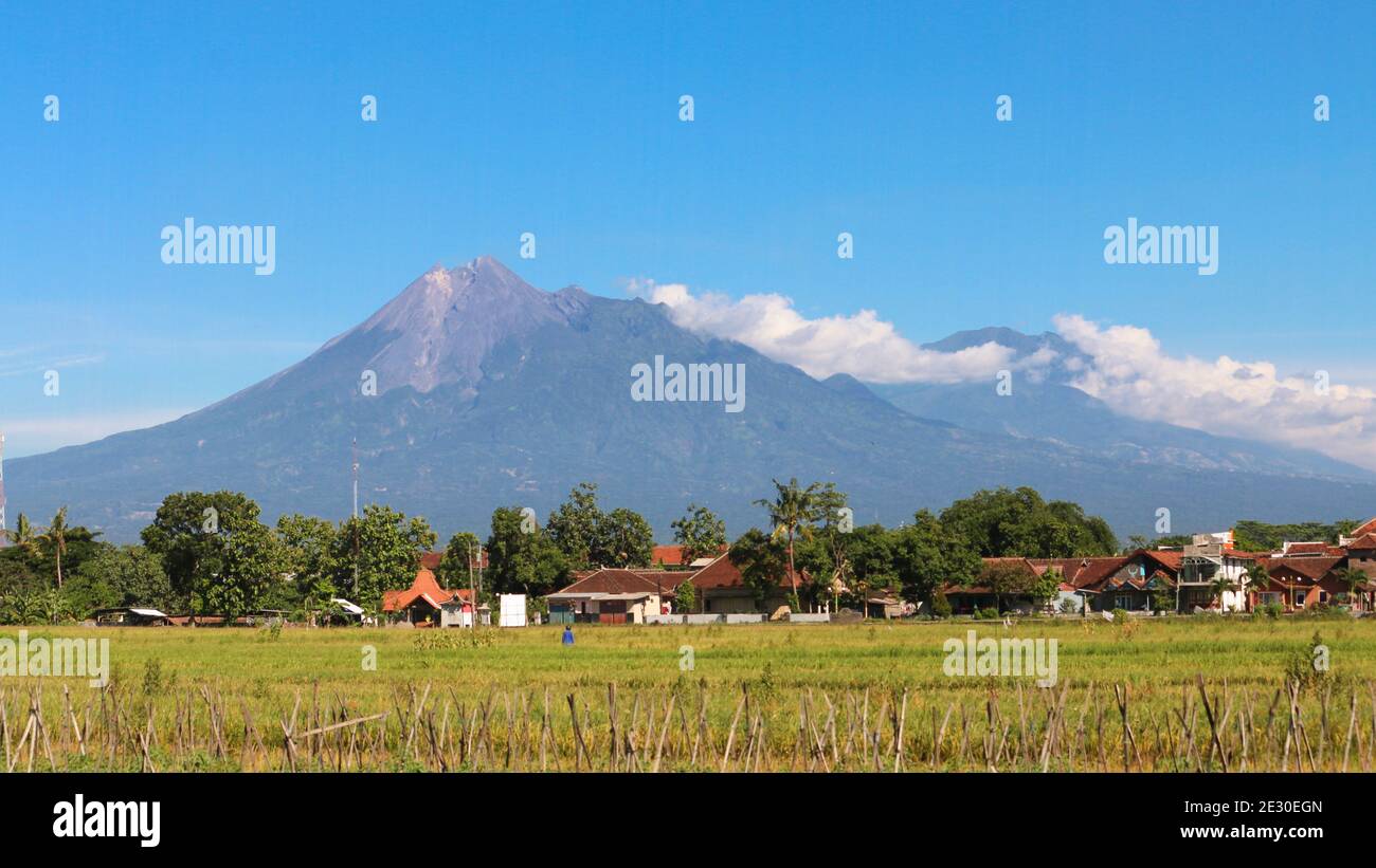 Aerial view of Mount Merapi Landscape with rice field and village in ...