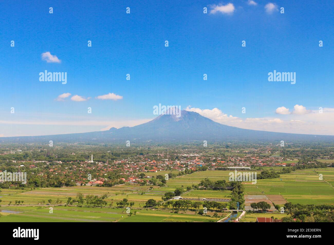Aerial view of Mount Merapi Landscape with rice field and village in ...