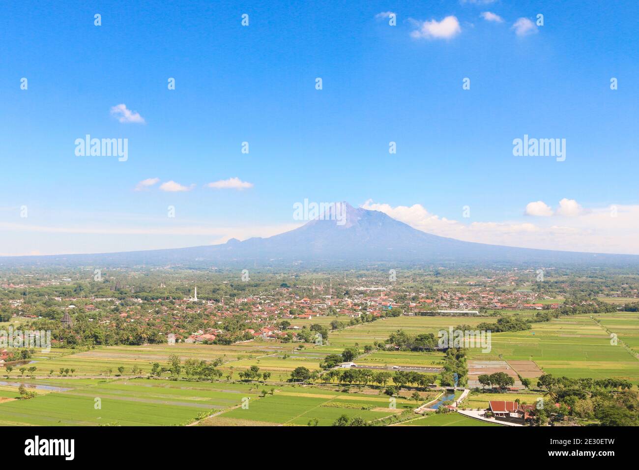 Aerial view of Mount Merapi Landscape with rice field and village in ...