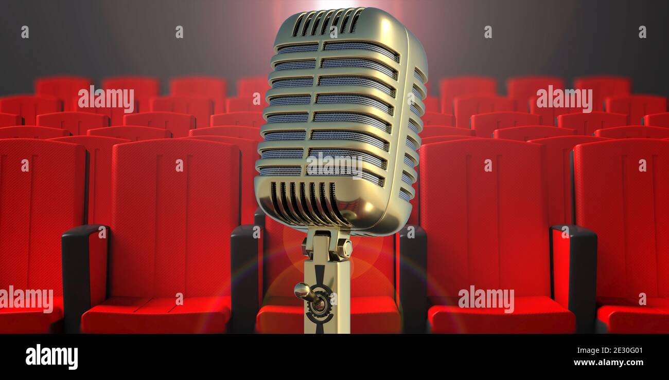 Retro microphone against red theater row seats background. Live show ...