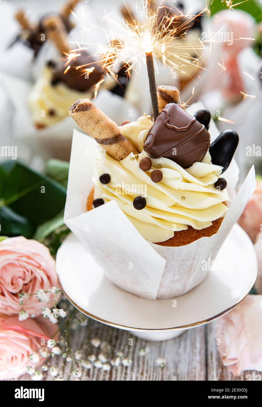 Delicious birthday cupcakes sparklers hi-res stock photography and ...