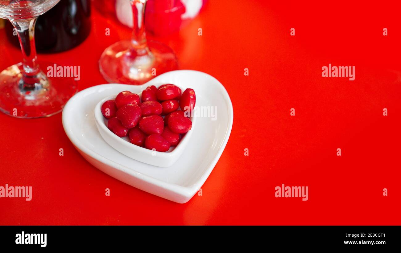 Festive dinner. Date. Red background for Valentines day. Love dinner ...