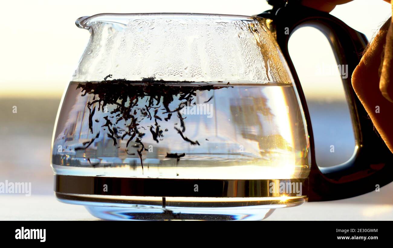 Toss a Pinch of Dry Black Tea Leaves into the Teapot. Close-up Glass ...