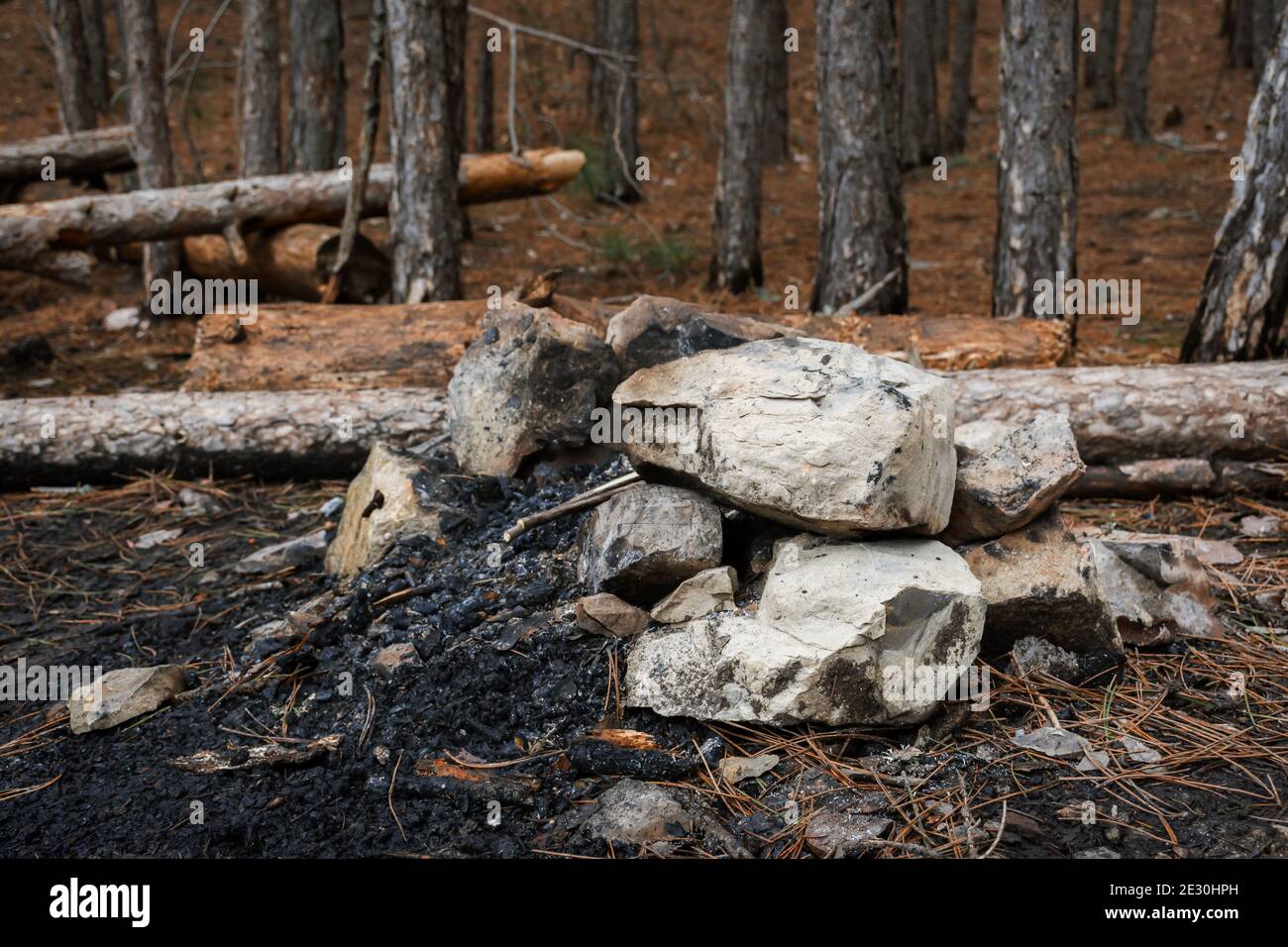 The remains of a fire in the forest. A pile of rocks and ashes from ...
