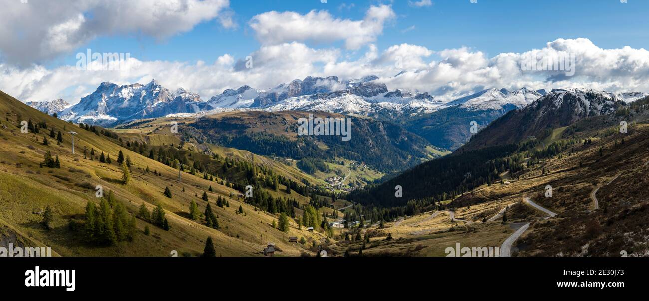 Panorama of the Arabba valley, Canazei Trentino Alto Adige, with snowy ...