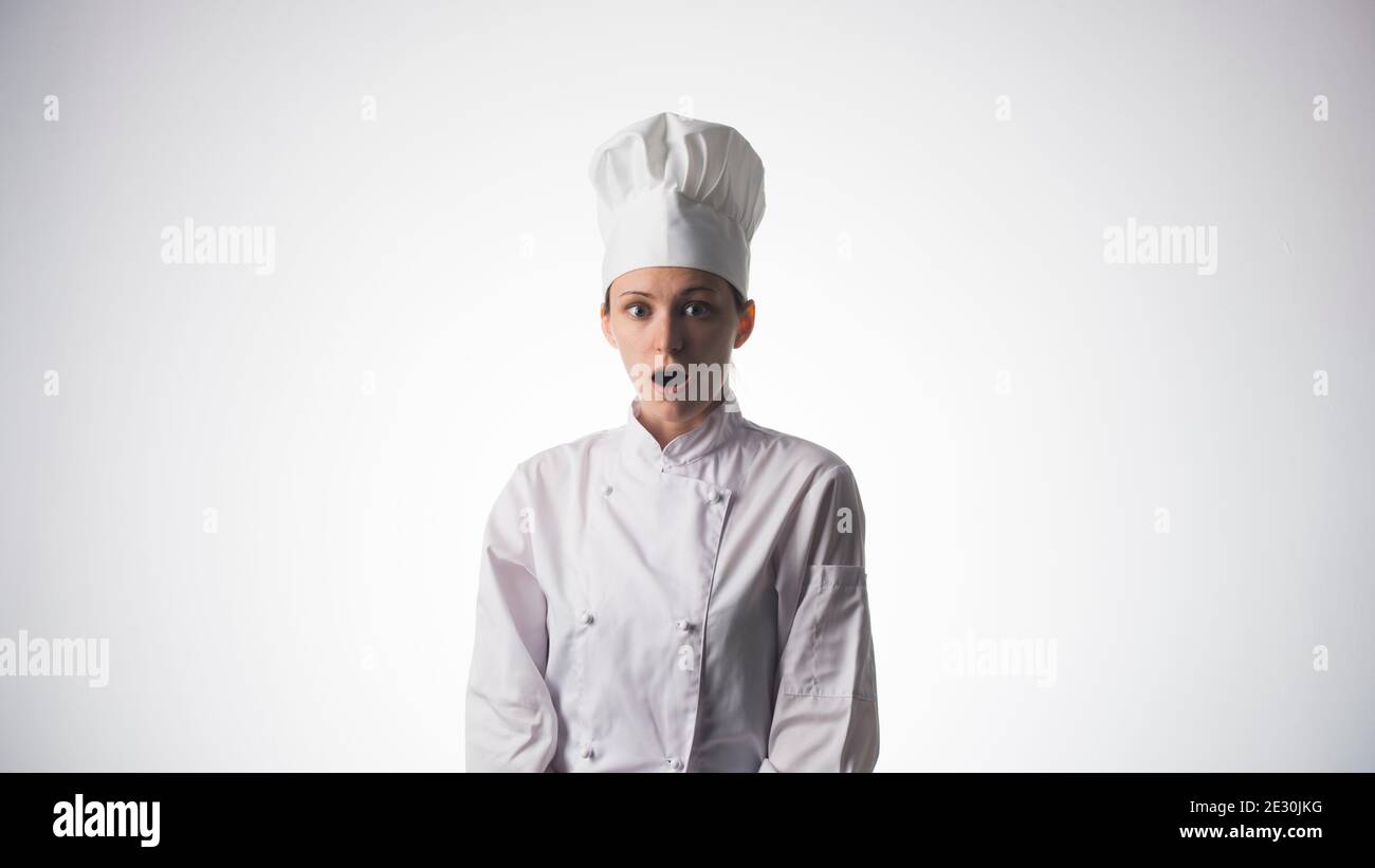 Chef woman. Isolated over white background Stock Photo - Alamy