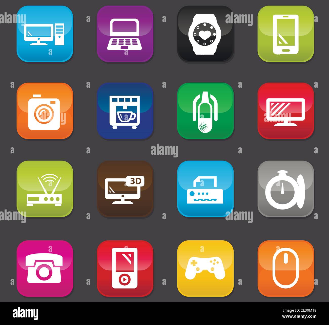 Devices vector icons for user interface . Colored buttons on a dark ...