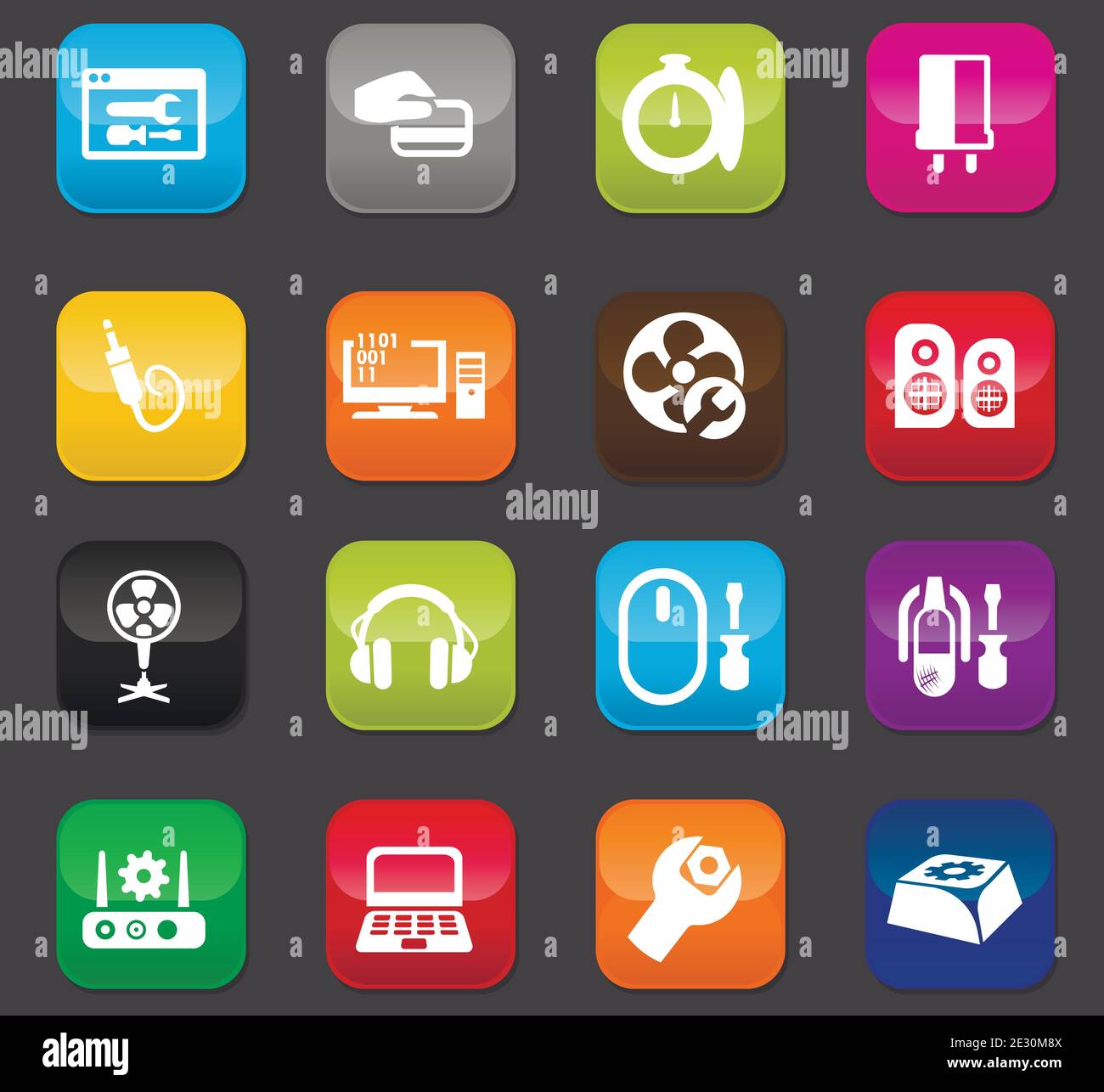 Electron icons set for web sites and user interface. Colored buttons on ...