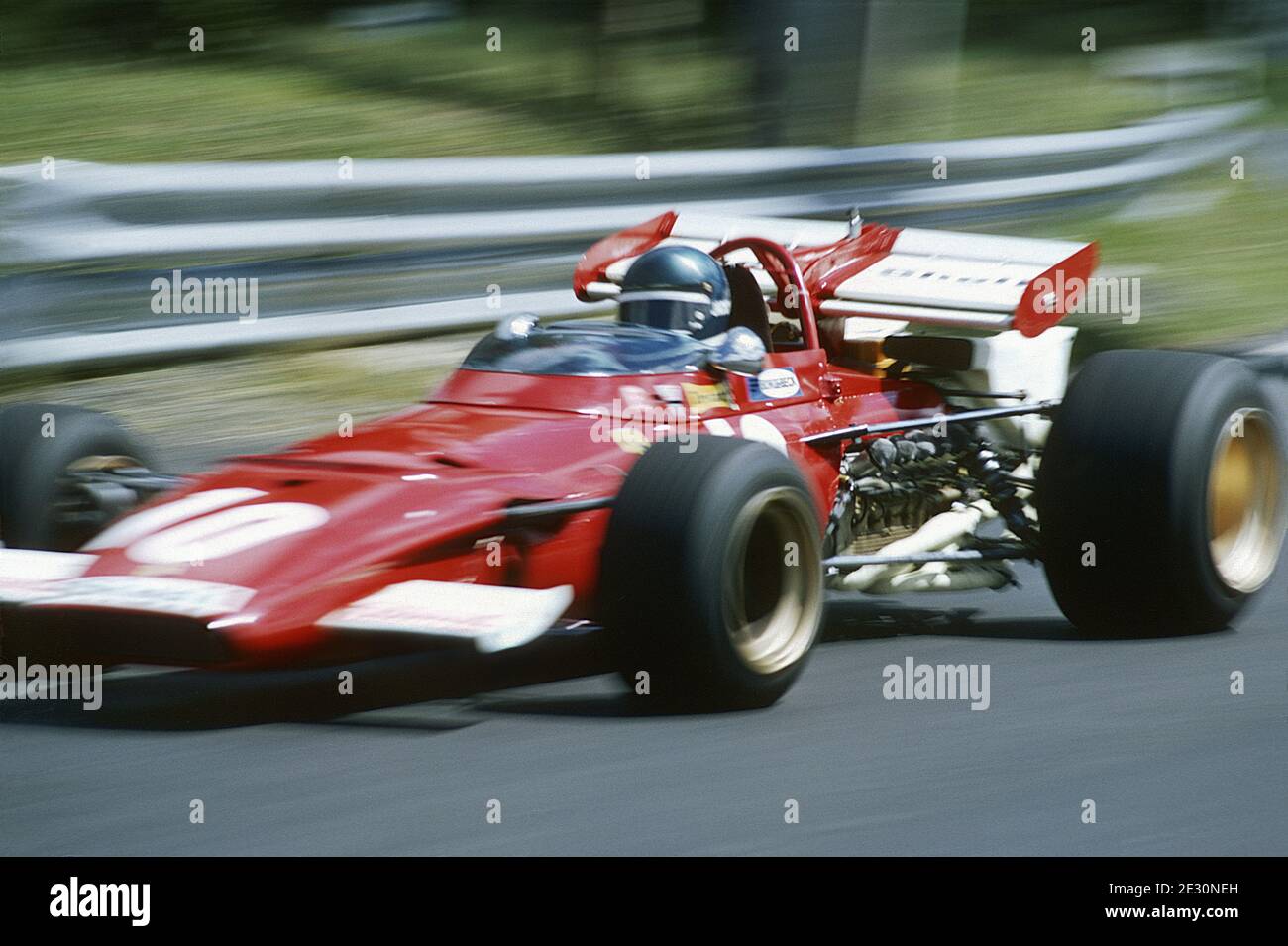 Jacky ICKX driving Ferrari F1 car in full speed during 1972 Grand Prix de France, in Charade ...