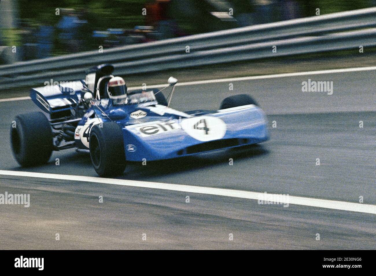 Jacky STEWART driving Tyrrell-Ford F1 car in full speed during 1972 ...
