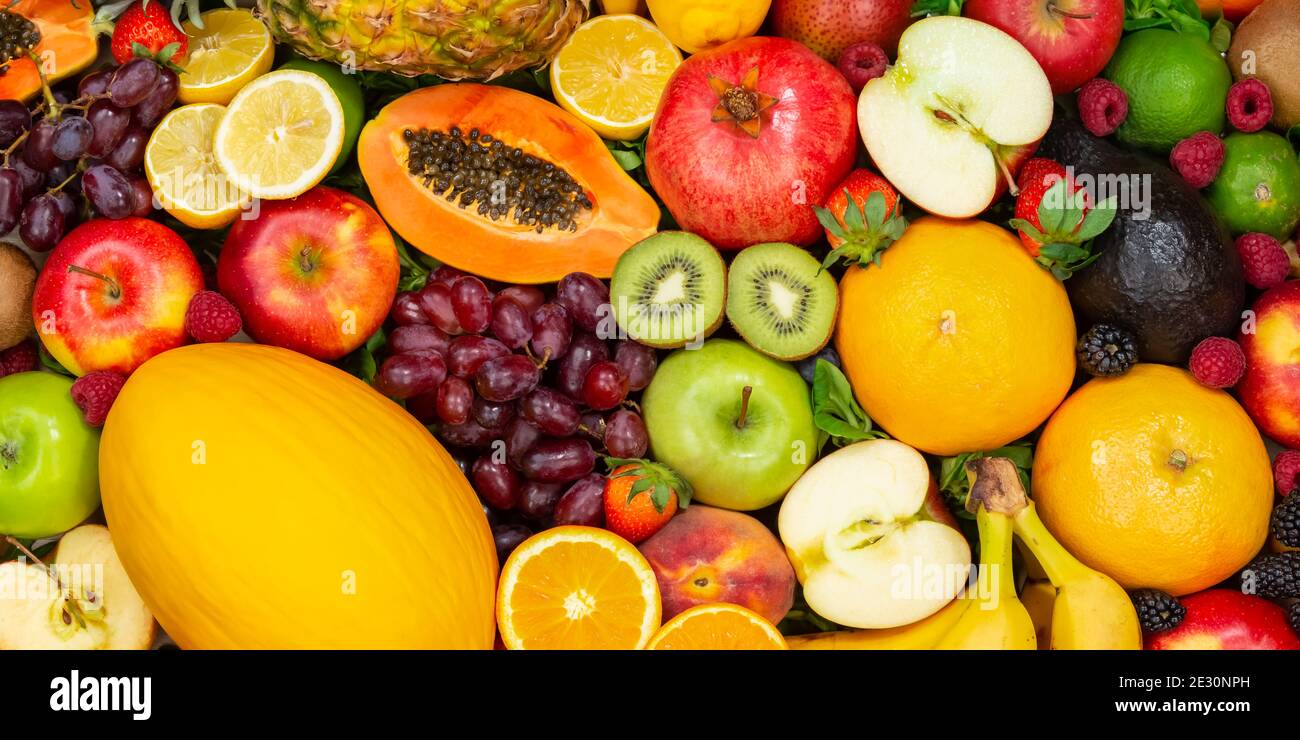 Food background fruits collection apples berries banner kiwi oranges ...