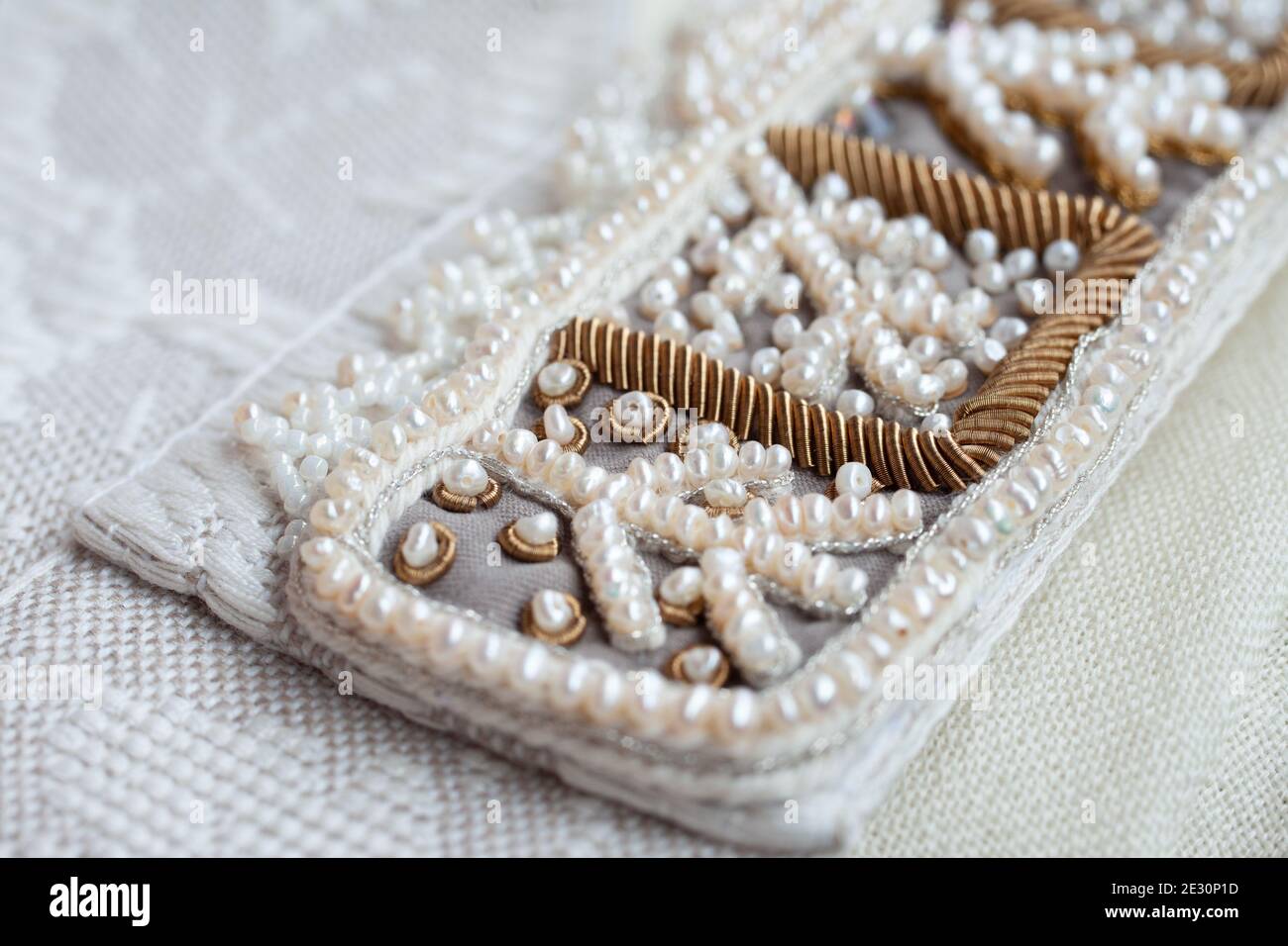Embroidery of a traditional russian headdress in the technique of pearl ...