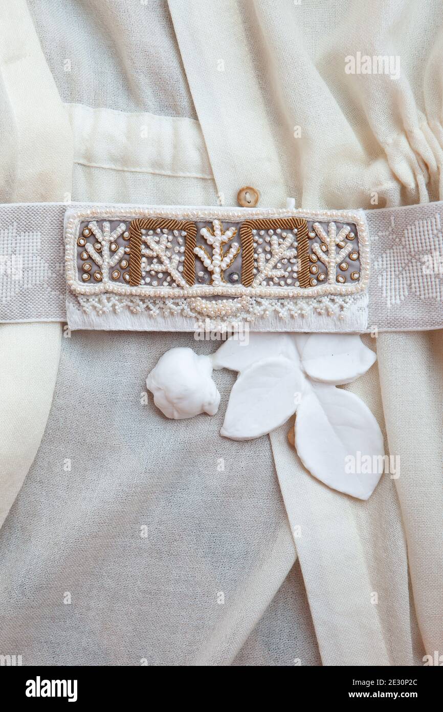 Embroidery of a traditional russian headdress in the technique of pearl ...