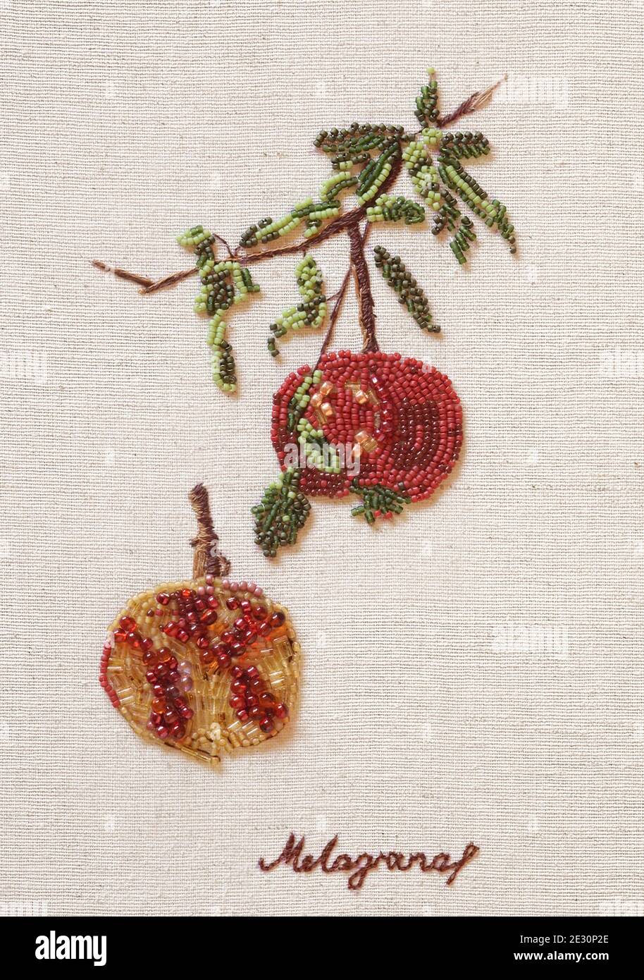 Couture embroidery of pomegranate. Still life with fruits Stock Photo ...