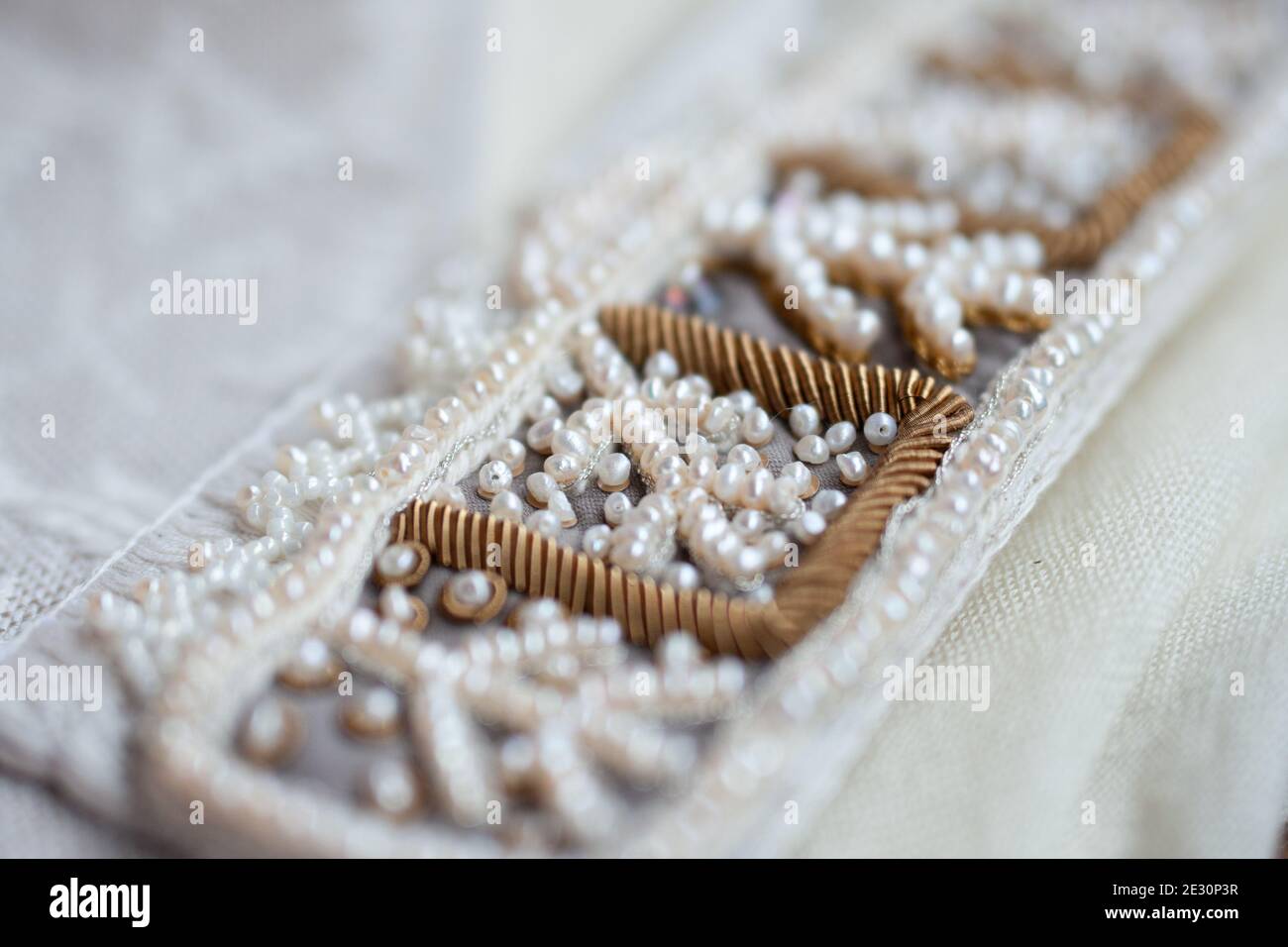 Embroidery of a traditional russian headdress in the technique of pearl ...