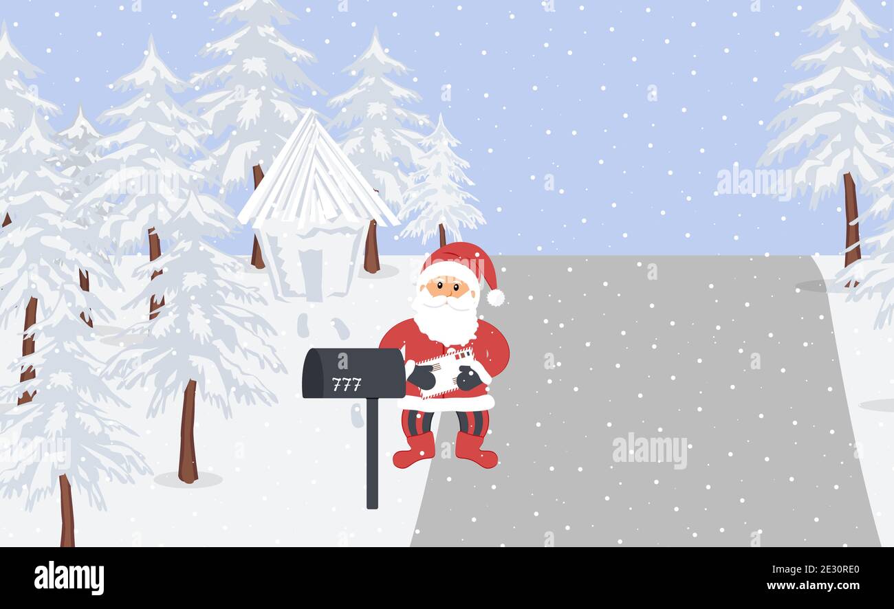 Christmas eve:Santa Claus stand near outdoor mailbox and holds a letter ...