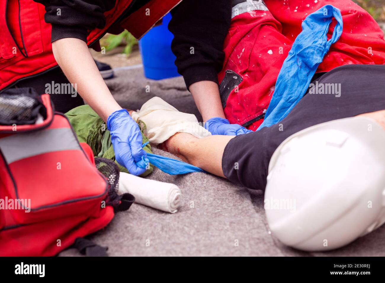 First aid training after workplace or accident on work at construction ...