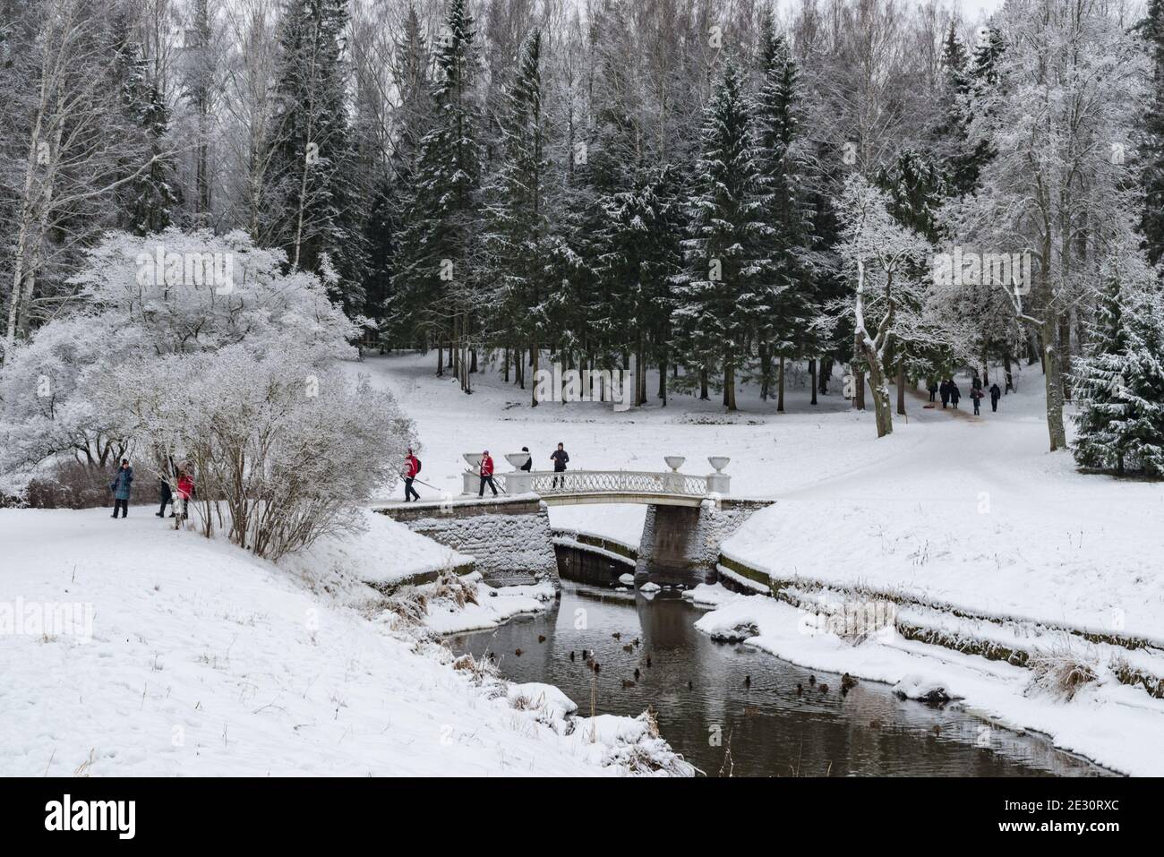 Vintage "Сast Iron" bridge over Slavyanka river. The Winter landscape ...
