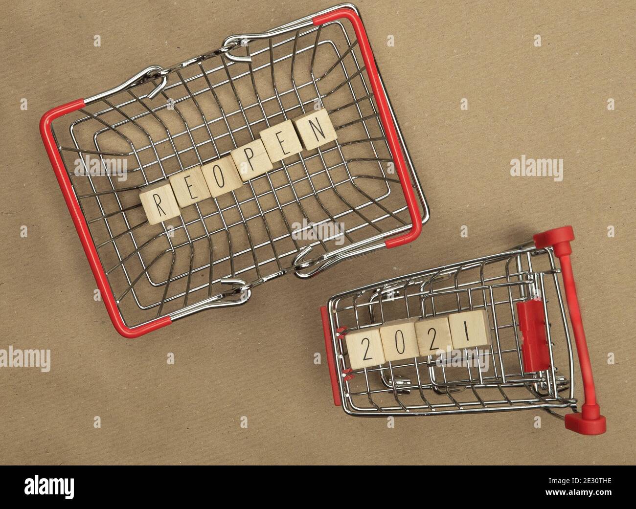 Reopen store concept after the coronavirus pandemic. Wooden blocks with ...