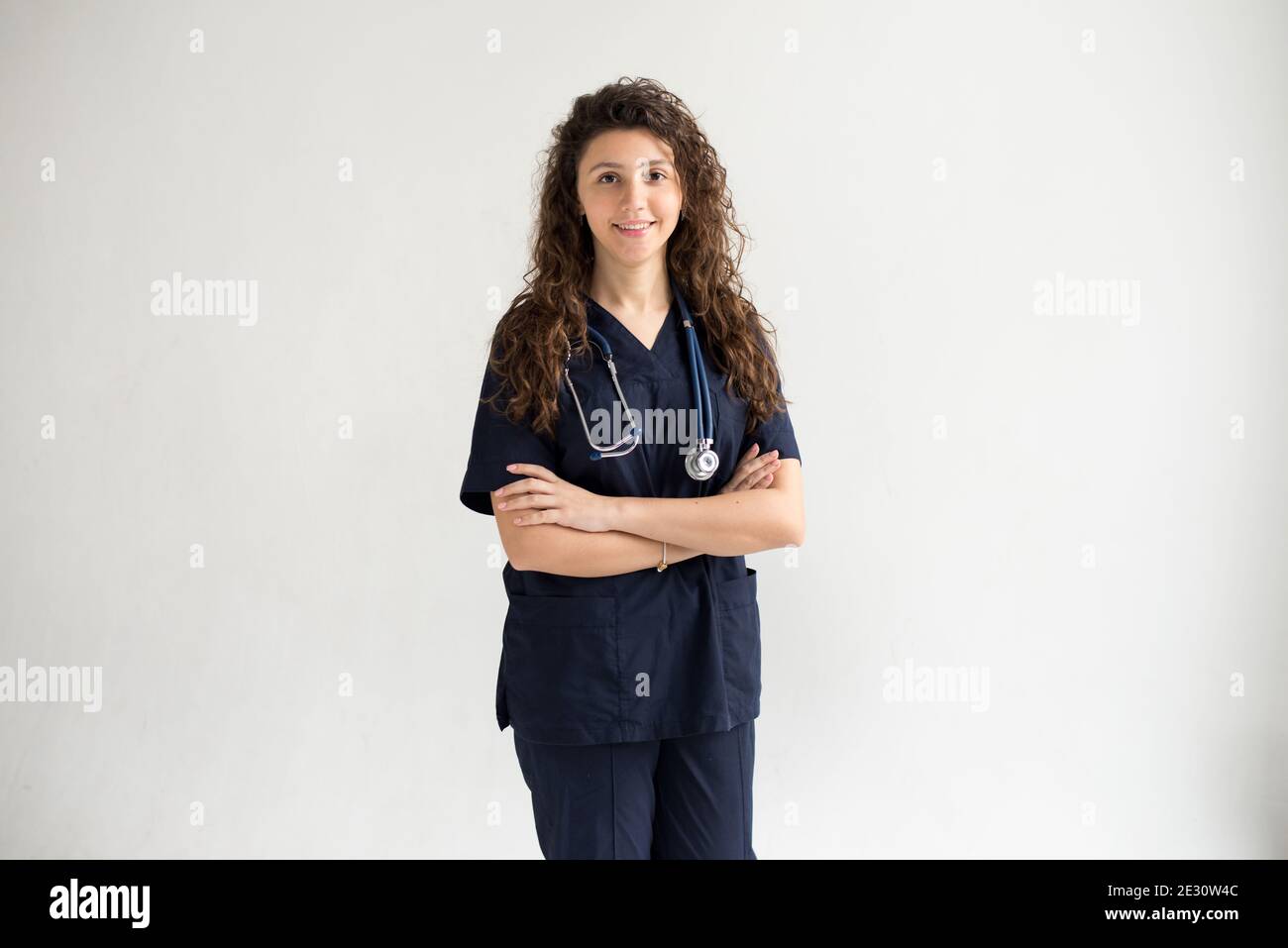 Medical concept of young beautiful female doctor in blue coat. Woman ...