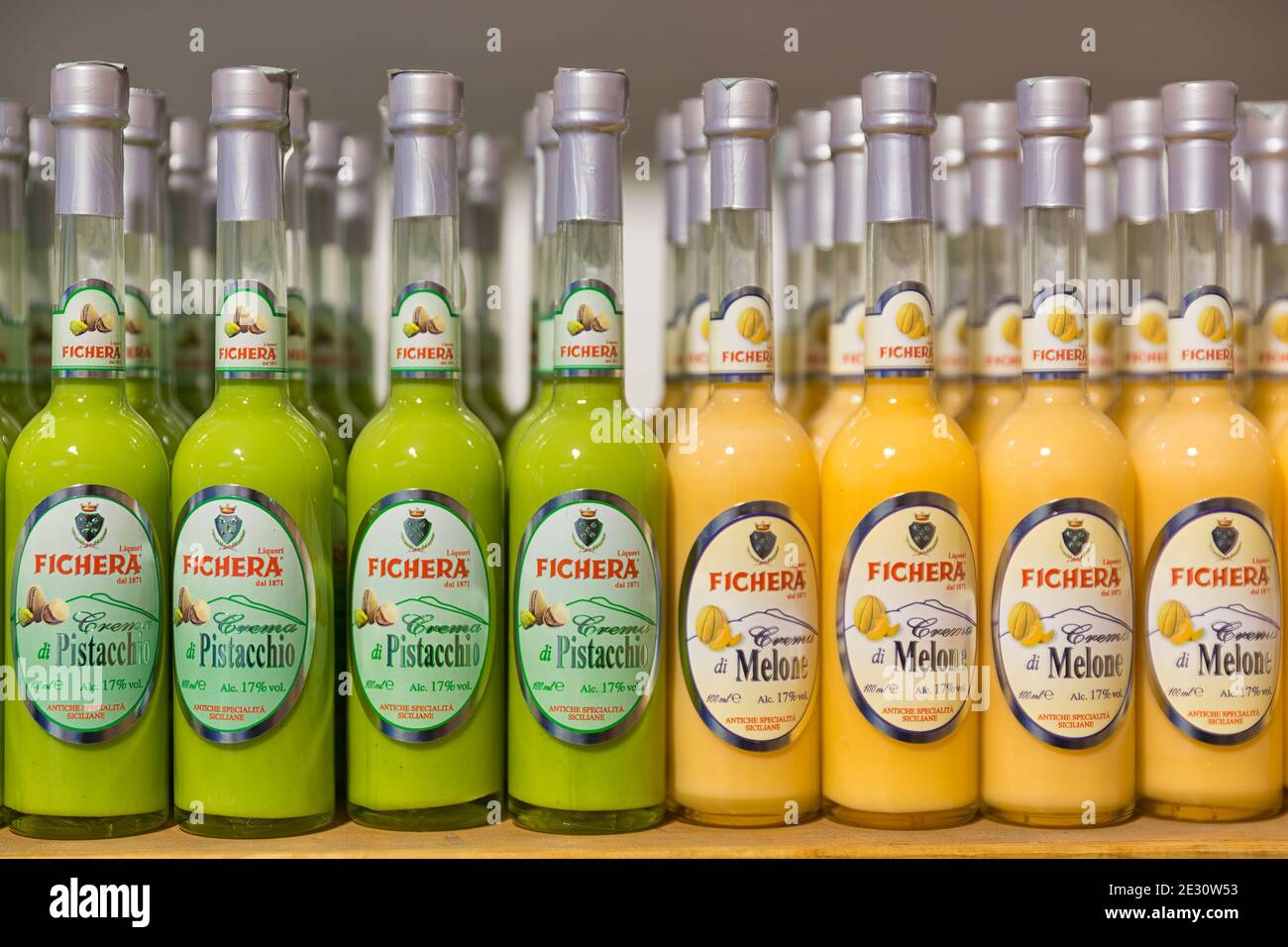 Liquor store with display of local bottles liqueur, Taormina, Sicily ...