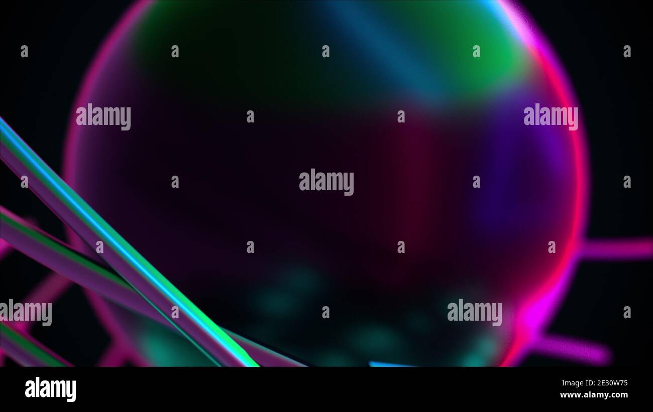 Iridescent neon sphere and plexus of optical fibers, computer generated ...