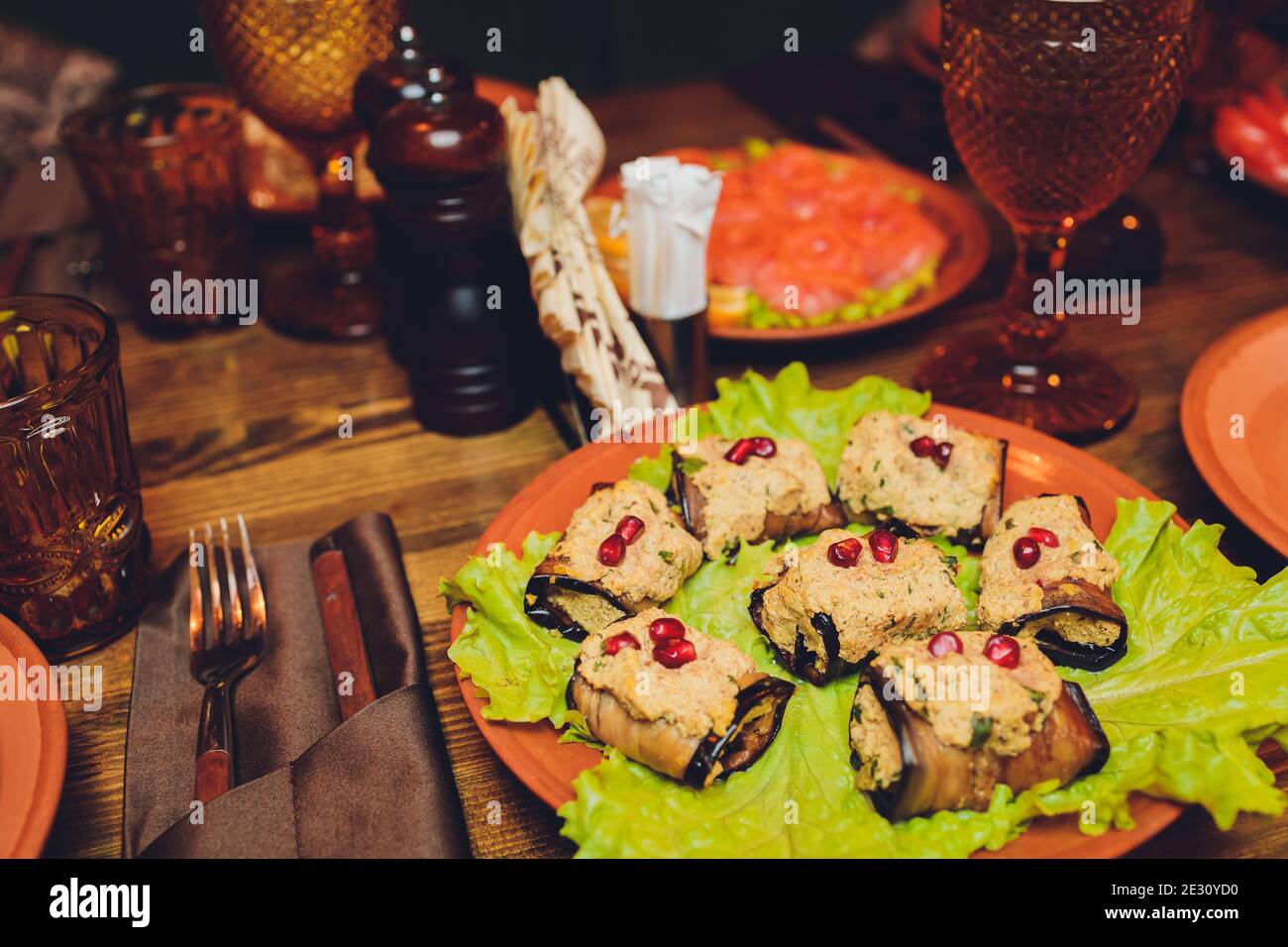 catering services background with snacks on guests table in restaurant ...