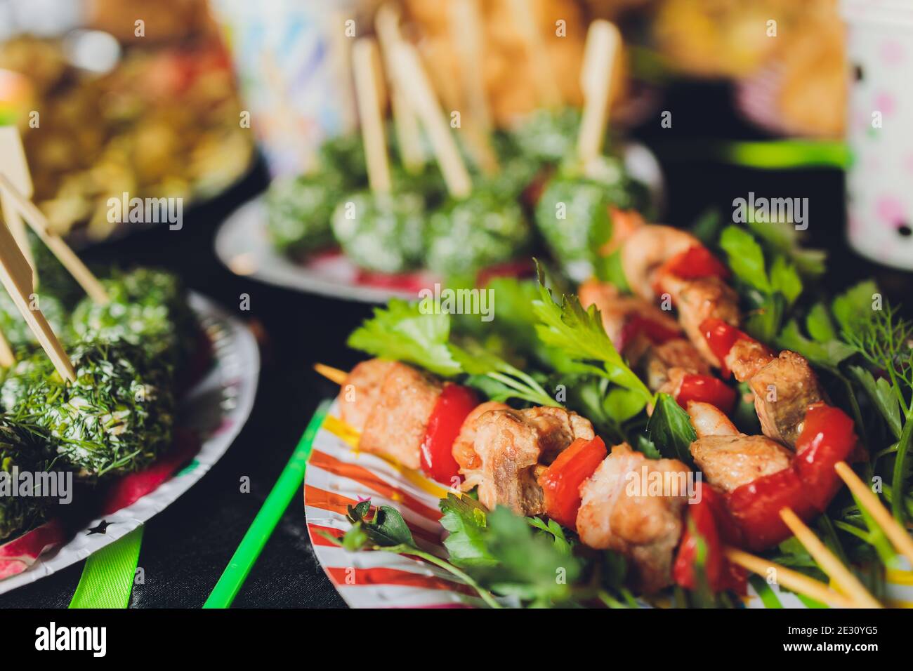 catering services background with snacks on guests table in restaurant ...