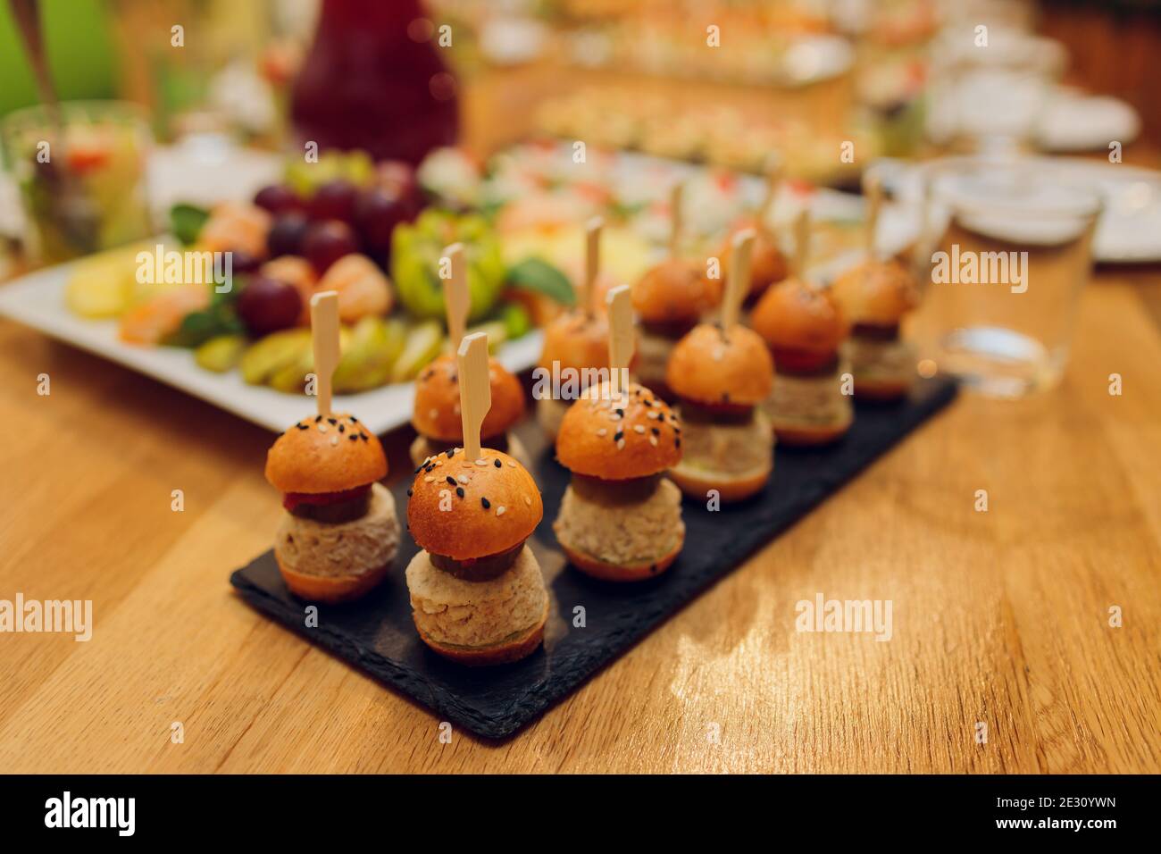 catering services background with snacks on guests table in restaurant ...
