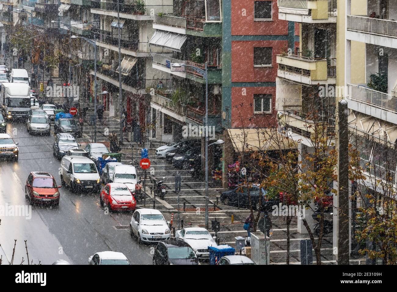 Thessaloniki, Greece - January 16 2019: Heavy snowfall at the city ...