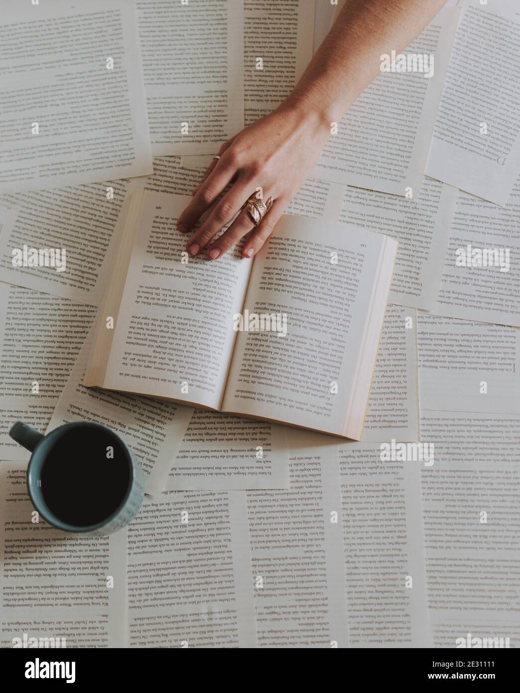 Top view shot of a female hand leafing through a book, reading and ...