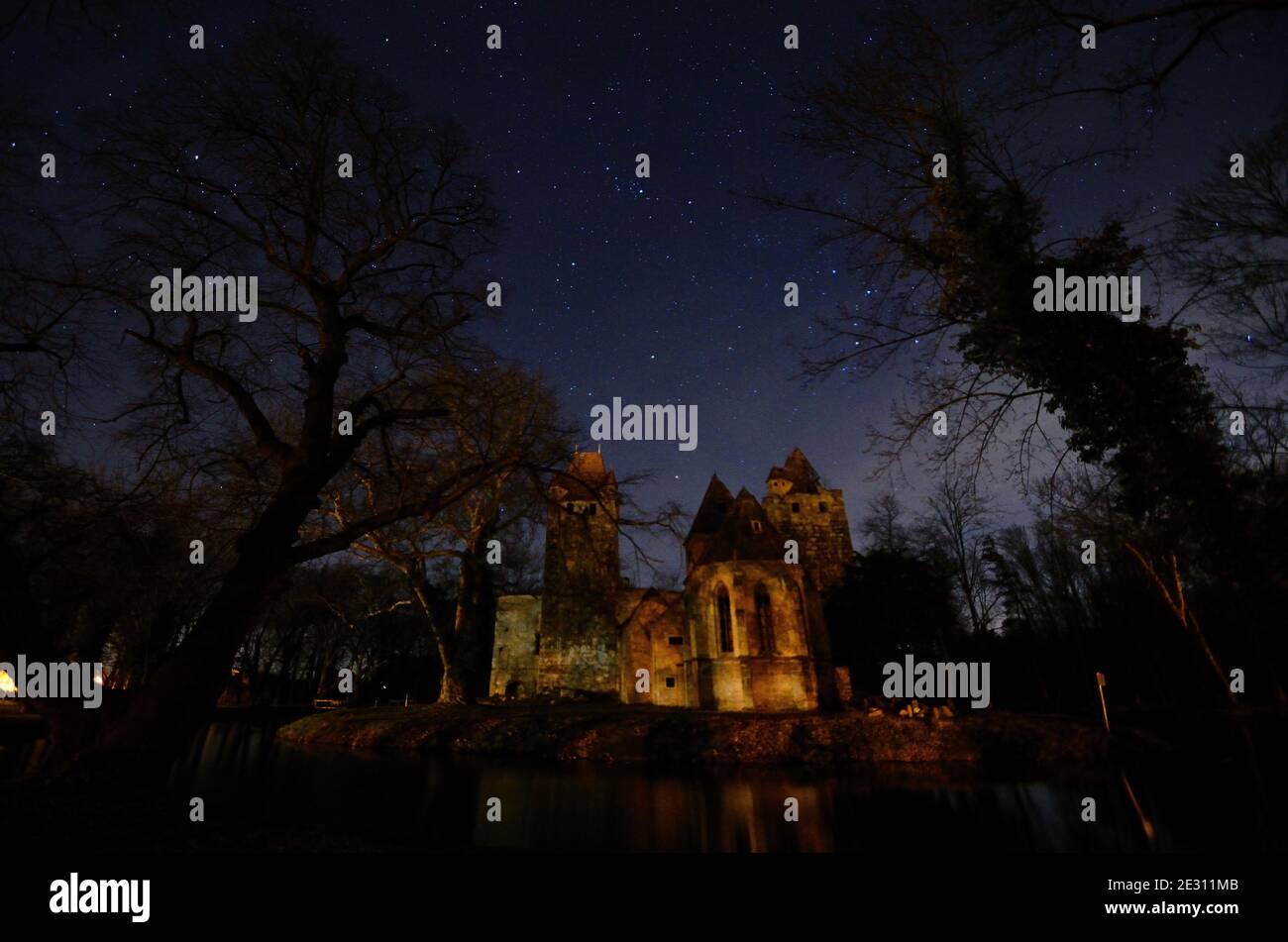 old castle in the park and many stars at night Stock Photo - Alamy