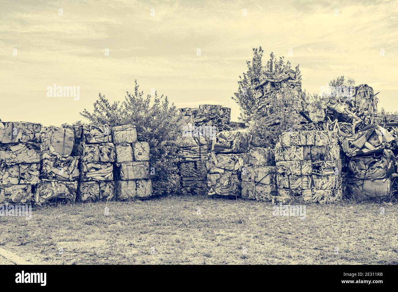 Compressed aluminium scrap in large cubes forming landfill in piles ...