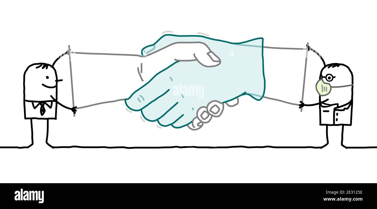 Hand drawn Cartoon Businessman and Doctor holding up a big Handshake ...