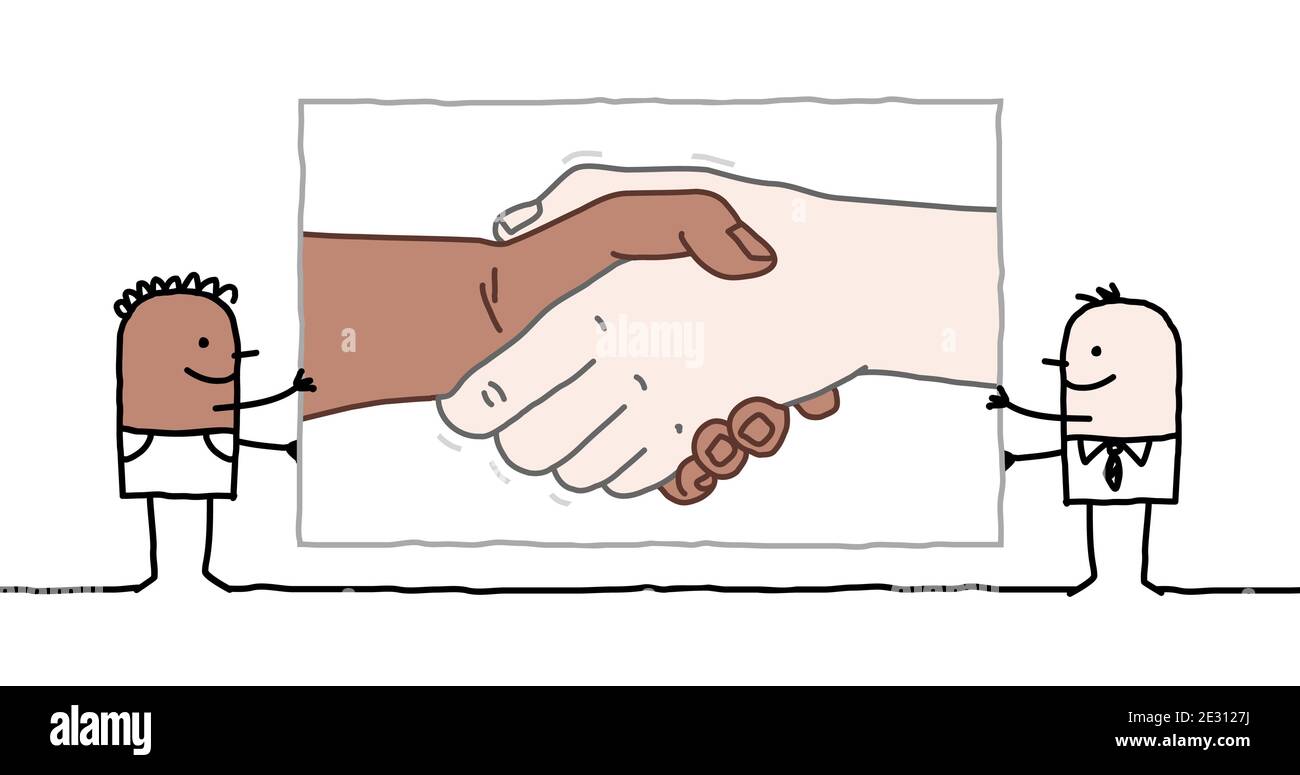 Hand drawn Cartoon Black an White men holding up a big Handshake Stock ...