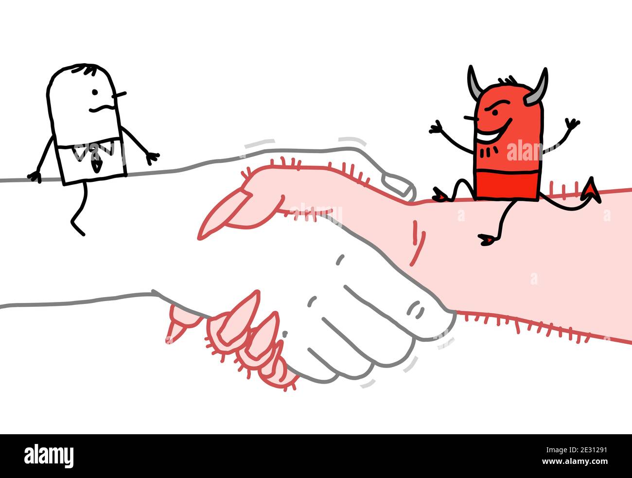 Hand drawn Cartoon Businessman and Devil sitting on a big Handshake ...